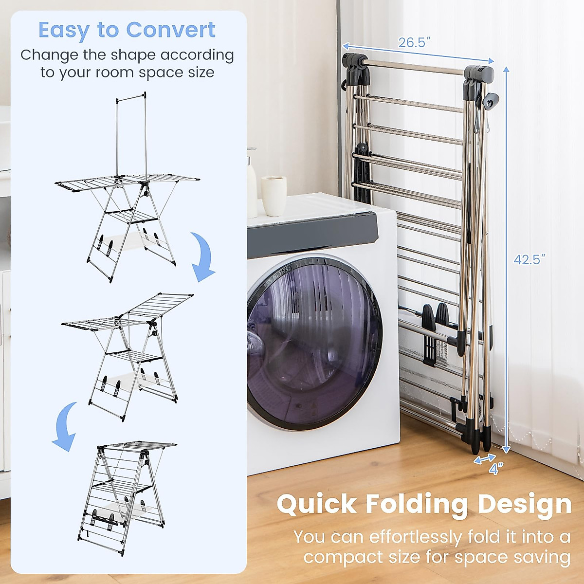 Giantex Clothes Drying Rack, Foldable Laundry Drying Rack with with 6-Level Adjustable Height, High Hanger Design, Side Clips, Space Saving Collapsible Laundry Drying Rack
