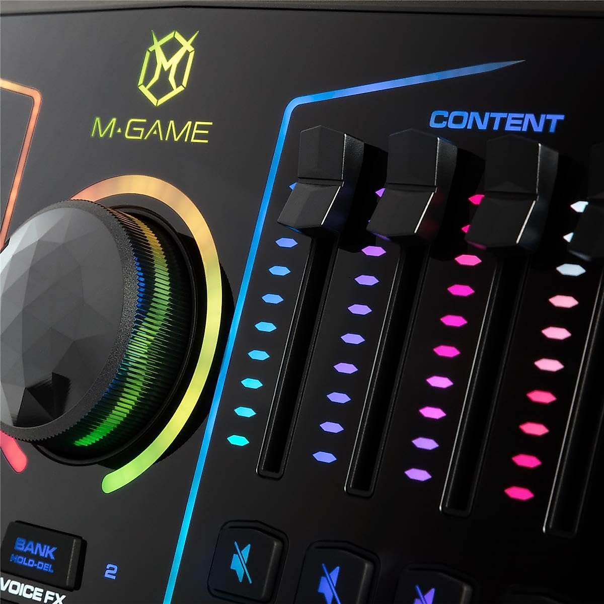 M-Game RGB Dual USB Audio Interface Mixer for Streaming and Gaming with XLR Microphone in, Optical in, Voice FX, Sampler, RGB Lights and Software
