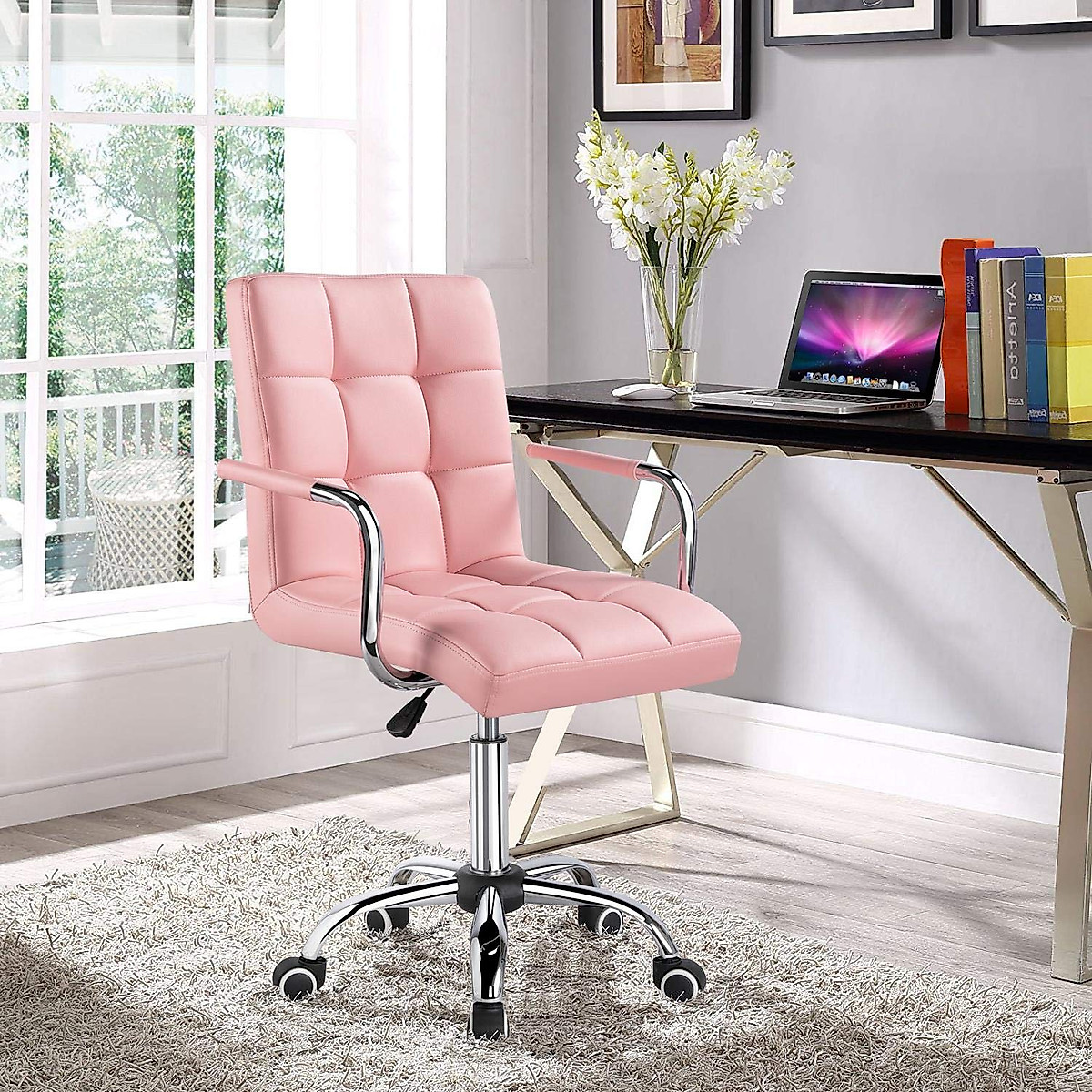 Yaheetech Desk Chairs with Wheels/Armrests Modern PU Leather Office Chair Height Adjustable Home Computer Executive Chair on Wheels 360° Swivel - Pink