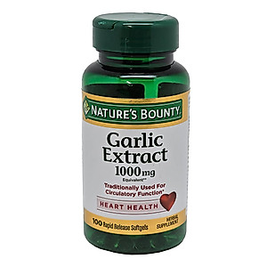 Nature's Bounty Garlic Extract 1000 mg, Promotes Heart Health and Cholesterol Support100 Rapid Release Softgels, contains Soybean oil, gelatin, vegetable glycerin.