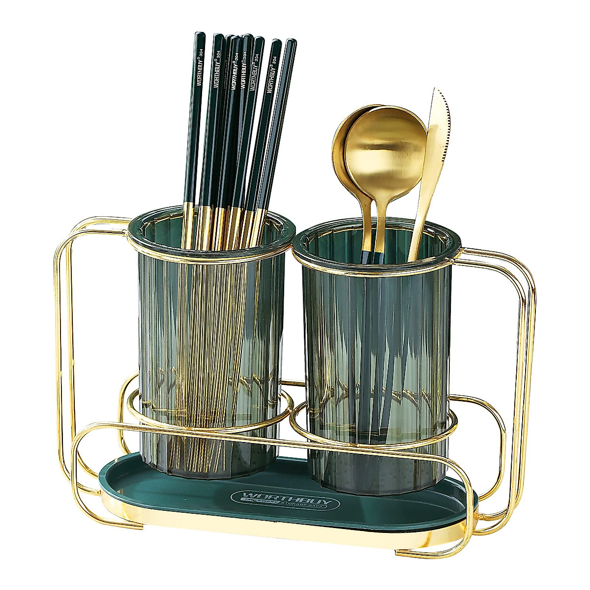 WORTHBUY Silverware Organizer Flatware Utensil Caddy Stainless Steel Kitchen Utensil Holder Cutlery Holder with DrainTray for Kitchen Countertop 2 Compartments(Gold)