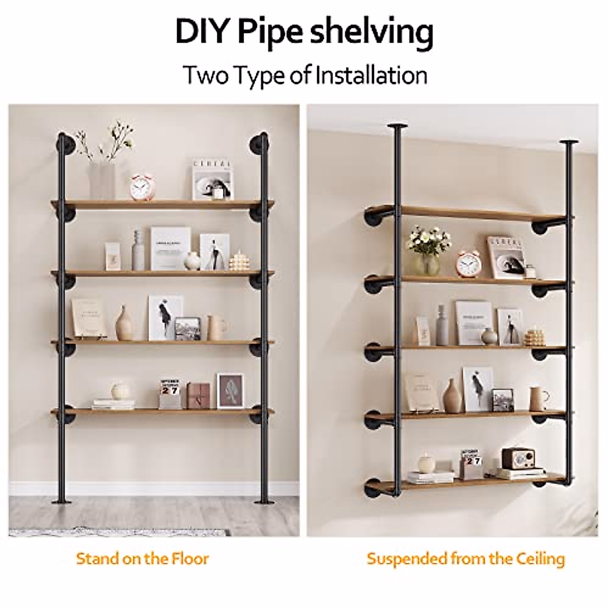 Industrial Iron Pipe Shelf Wall Mount, Farmhouse DIY Open Bookshelf, Pipe Shelves for Kitchen Bathroom, bookcases Living Room Storage, 2Pack of 5 Tier