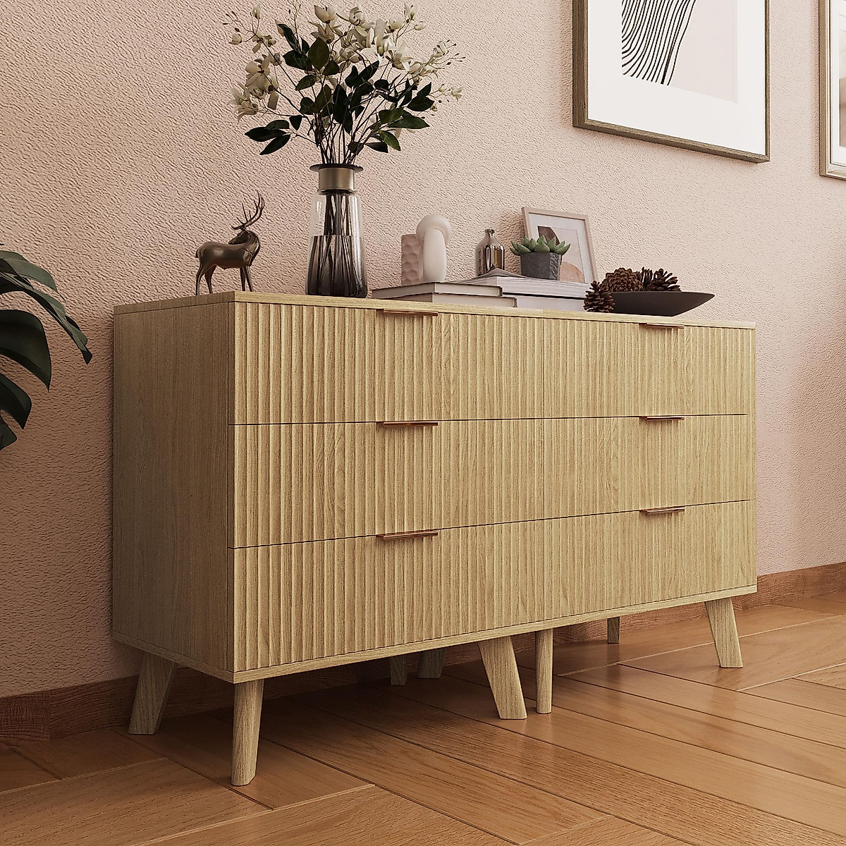 wirrytor 3 Drawer Dresser with Waveform Panel, Modern Closet Dressers Chest of Drawers, Wood Storage Dresser Chest of Drawers for Bedroom Living Room Hallway Closet(Natural)