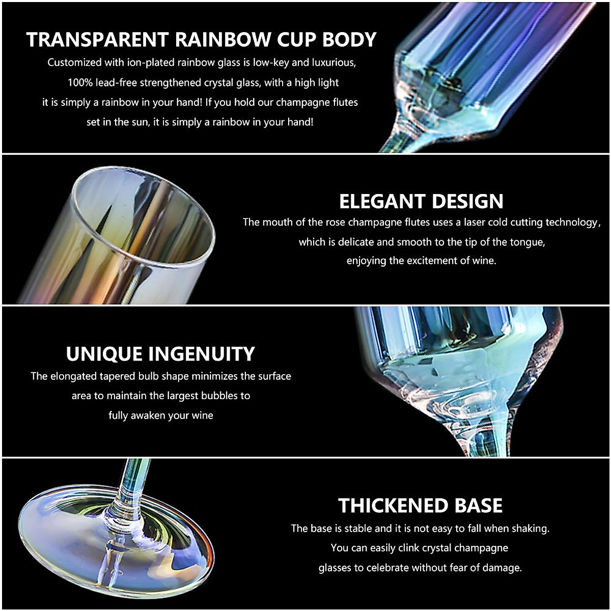 Gutsdoor Crystal Champagne Flutes Glass Set of 2 Iridescent Champagne Glass Flutes Wedding Christmas Valentine Cheers Champagne Flutes