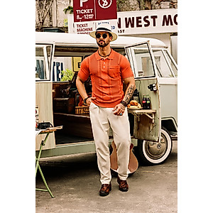 GRACE KARIN Mens Vintage Button Down Polo Shirts Lapel Collar Italian Pullover Knitwear Tops Orange XL