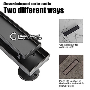 24 inch Linear Shower Drain with Removable Square Hole Panel by Using 304 Stainless Steel Process, Linear Drain Equipped with Adjustable Feet and Hair Strainer（Matte Black Color）