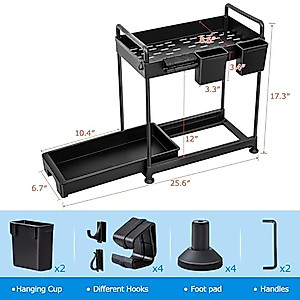 Panta Under Sink Organizer 2 Pack, 2-Tier Sliding Cabinet Organizers and Storage with Hooks, Large Capacity Pull-out Under Sink Shelf, Multi-Use Under Sink Storage for Bathroom and Kitchen