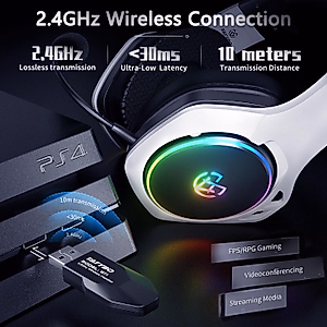 Tatybo Wireless Gaming Headset for PS4, PS5, PC - 2.4GHz Gaming Headphones with Detachable Noise Canceling Microphone, 30-Hr Battery Gaming Headsets for Laptop, Switch, Mac (White)
