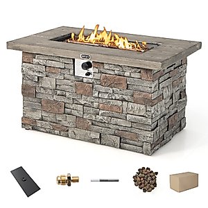Tangkula 50,000 BTU Propane Fire Pit Table, Patiojoy 43.5 Inch Rectangle Fire Table with Faux Stone Surface, Outdoor Gas Fire Pit Table with Stainless Steel Burner, Waterproof PVC Cover, Lava Rocks