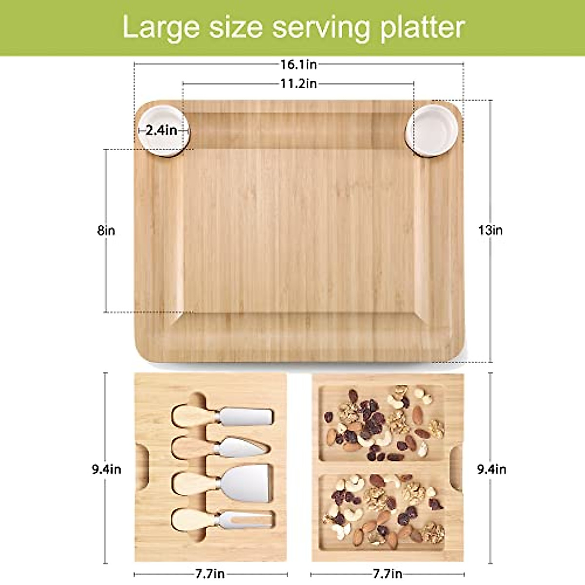 Weoowin Bamboo Charcuterie Boards and Knife Set - Large Cheese Board, Cheese Platter & Tray, Unique House Warming, Birthday, Christmas, Wedding, Registry, Bridal Gift