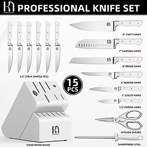 KnifeSaga Knife Block Set, 15 Pcs Kitchen Knife Set, Enduring Razor-Sharp Japanese High Carbon Stainless Steel Knife Set with Block, Premium Forged Knife Set for Kitchen and Professional Chefs, White