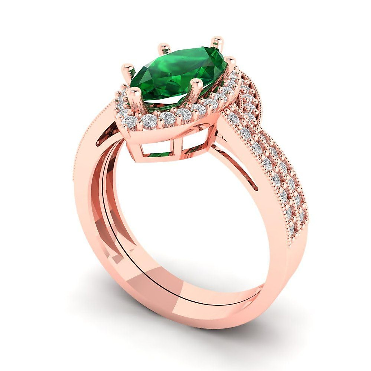 Clara Pucci 2.16ct Marquise Cut Halo Solitaire Simulated Emerald Engagement Promise Anniversary Bridal Ring Band set 18K Rose Gold 3.5