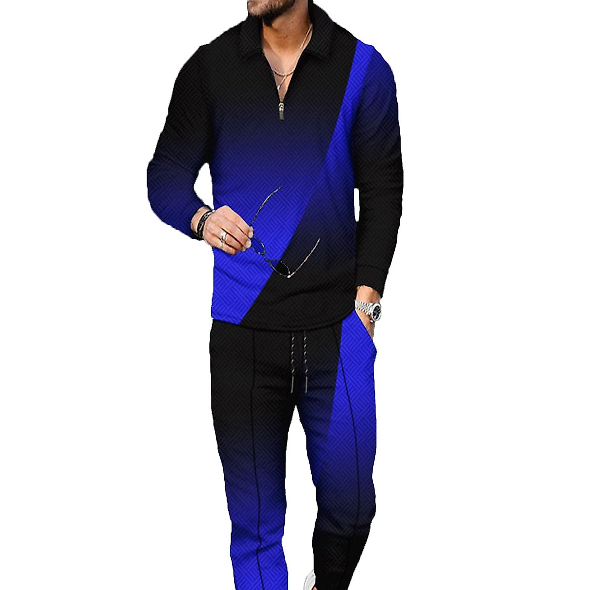 BURWOF Size L Black Blue Mixed Men's Polo Track Suit Sets Long Sleeve Mens Outfits 2 Piece Fashion Sweatsuit Comfy Casual Set for Men