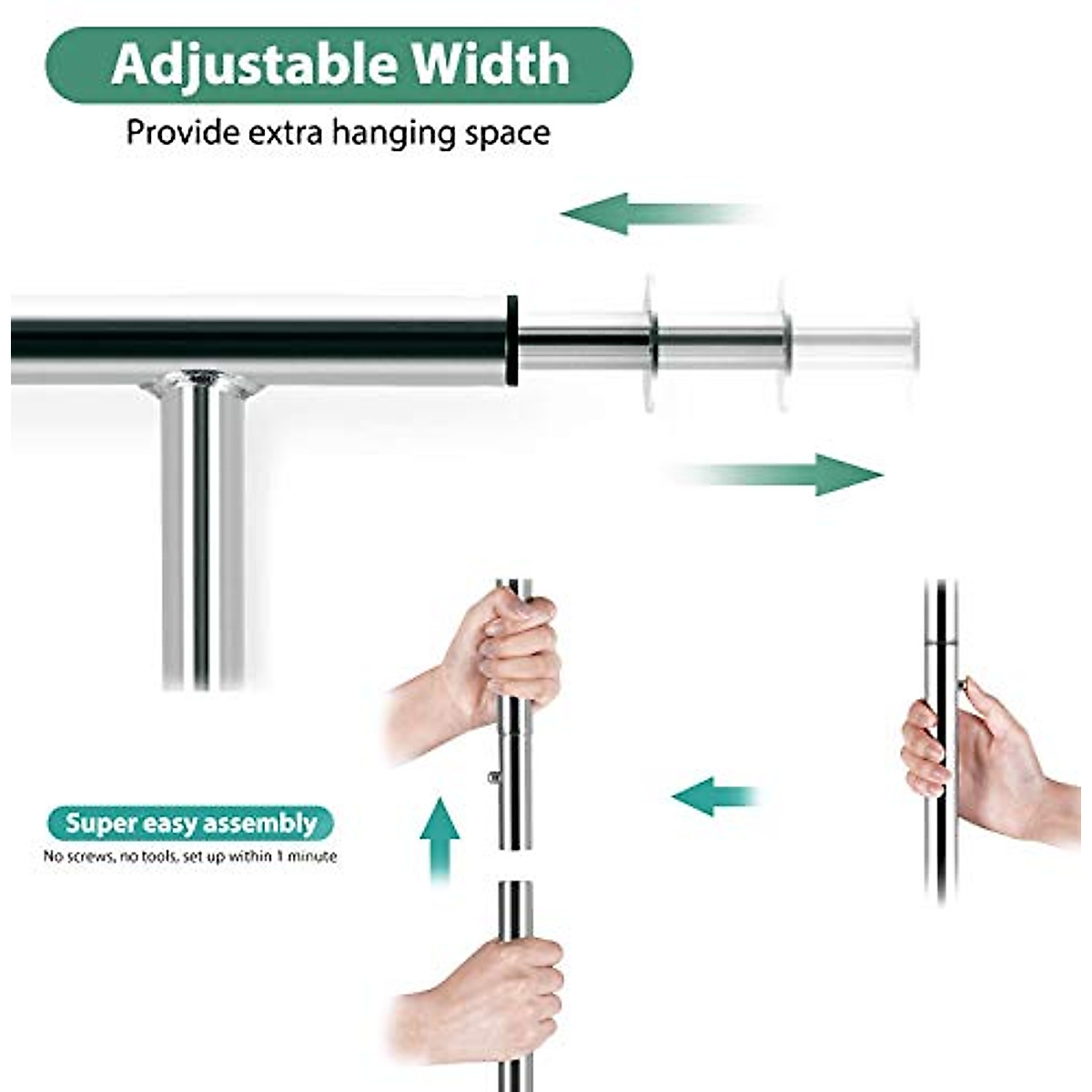 DRM Heavy Duty Collapsible Garment Rack, Clothing Rack, Robust Hanging Rail, for Coats, Shirts, Dresses, Scarves, Bags with Adjustable Clothing Hanging Arm on Wheels