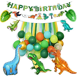 Dinosaur Birthday Party Decorations Supplies Happy Birthday Banner Crepe Paper Green Orange Blue Gold Dino Foil Balloons Garland Arch Kit for Jungle Safari Dinosaur Themed Baby Shower Party Boys Kids