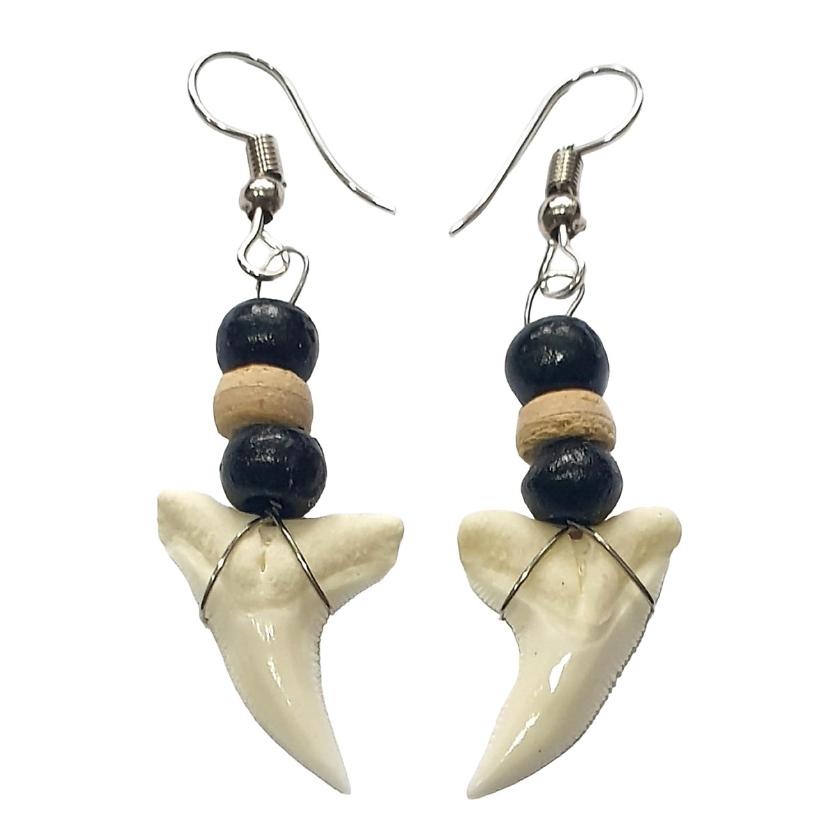 Genuine Mako Shark Tooth Earrings, Handmade Wooden Beads Dangle Shark Tooth Earrings for Women Jewelry GA056-A