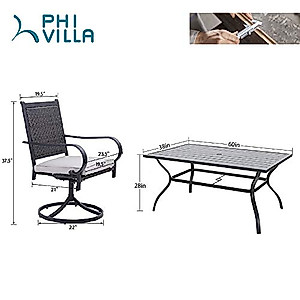PHI VILLA Outdoor Patio Dining Set of 7, Rectangular Metal Steel Steel Slat Patio Dining Umbrella Hole Table, 6 Rattan Swivel Chairs with Cushion Furniture Set for Home Patio Porch Yard Garden Deck