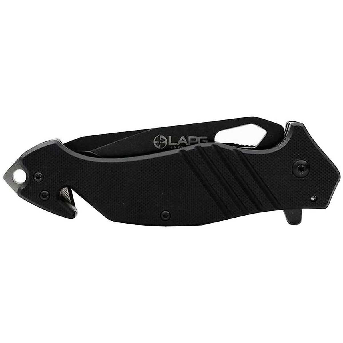 LA Police Gear LAPG EDC Folding Knife, Tactical Flipper Pocket Knife, Survival Knife With Seatbelt Cutter & Glass Breaker, Black Serrated/Black Handle