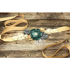 Sage Forest Green Flower Belt Sash Bridal Maternity Belly Band Brown Gray Flowers Baby Shower Gender Reveal Keepsake Gift