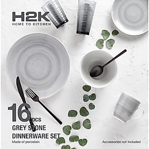 Safdie & Co. Grey Stone 16 Piece Dinnerware Set, Service for 4, Fiesta Dinnerware, plates and bowls sets, home trends and home food network essentials, Porcelain dinner plates