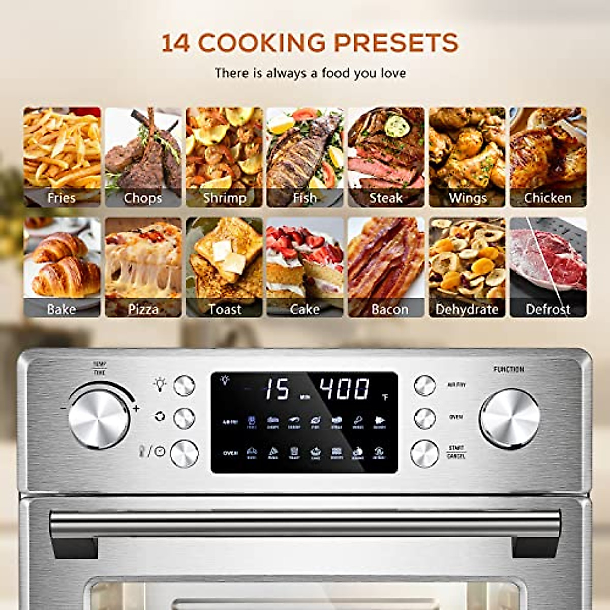 R.W.FLAME 26.4QT Air Fryer Oven, 2 in 1 Toaster Oven Air Fryer Combo, Stainless Steel Rotisserie Air Fryer with Rotisserie & Dehydrator, Countertop Toaster Ovens for Family