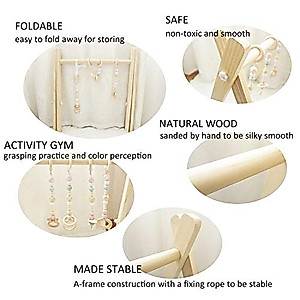 Cynzia Baby Play Gym, Wooden Baby Gym with 4 Infant Toys, Foldable Wood Gyms Frame Hanging Bar for Toddler, Newborn, Baby Girls and Boys Shower Gift Play Toys