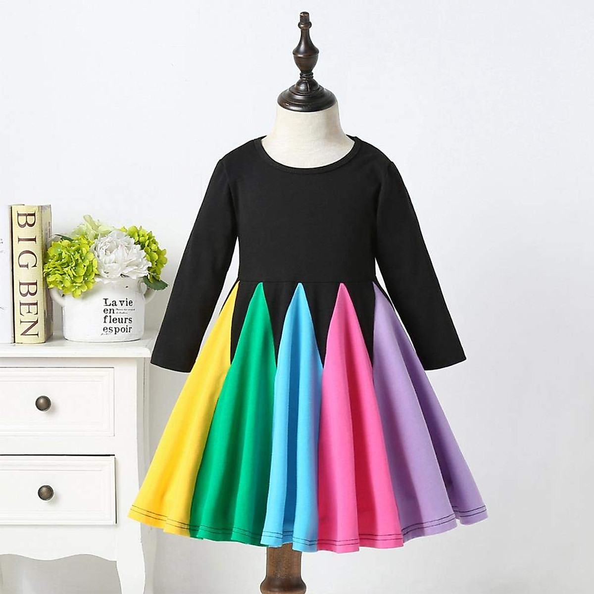 Toddler Baby Girls Rainbow Ruffle Strap Tutu Dress Casual Cotton Twirly Skater Skirt Kids Princess Birthday Outfits Summer Sundress Clothes Pageant Party A Line Dresses Black (Long Sleeve) 4-5T