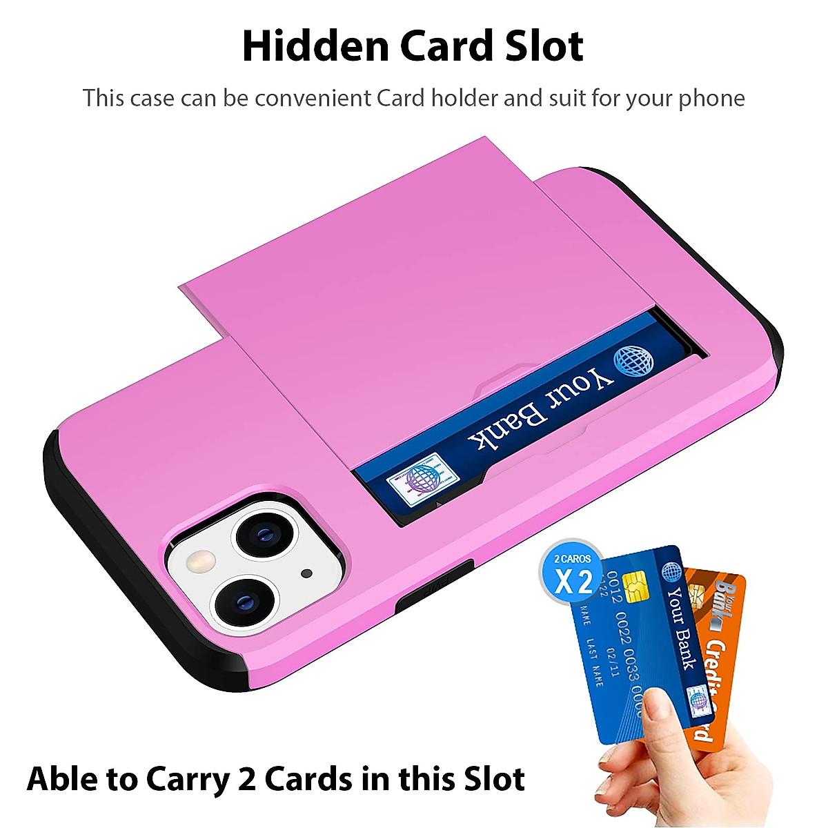 Jiunai Compatible with iPhone 13 Mini Case, Credit Card IDs Holder Wallet Back Pocket Slide Cover Card Slot Dual Layer Bumper Shell Rubber Cover Phone Case Designed for iPhone 13 Mini 5.4'' 2021 Pink