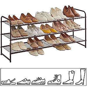 YMYNY Freestanding Shoe Racks, 3 Tiers Stackable & Adjustable Shoe Storage Shelf, Extra Large Capacity Shoe Organizer Stand for 20-24 Pairs, for Entryway, Closet, Bedroom, Brown, 42.9" L, UHXJ302BR