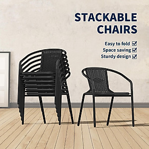Amopatio Outdoor Dining Chairs Set of 4, Wicker Patio Chairs with Metal Frame, Rattan Indoor-Outdoor Chairs for Bistro, Deck, Yard, Porch, Restaurant Stack Chair 4 Pack Black