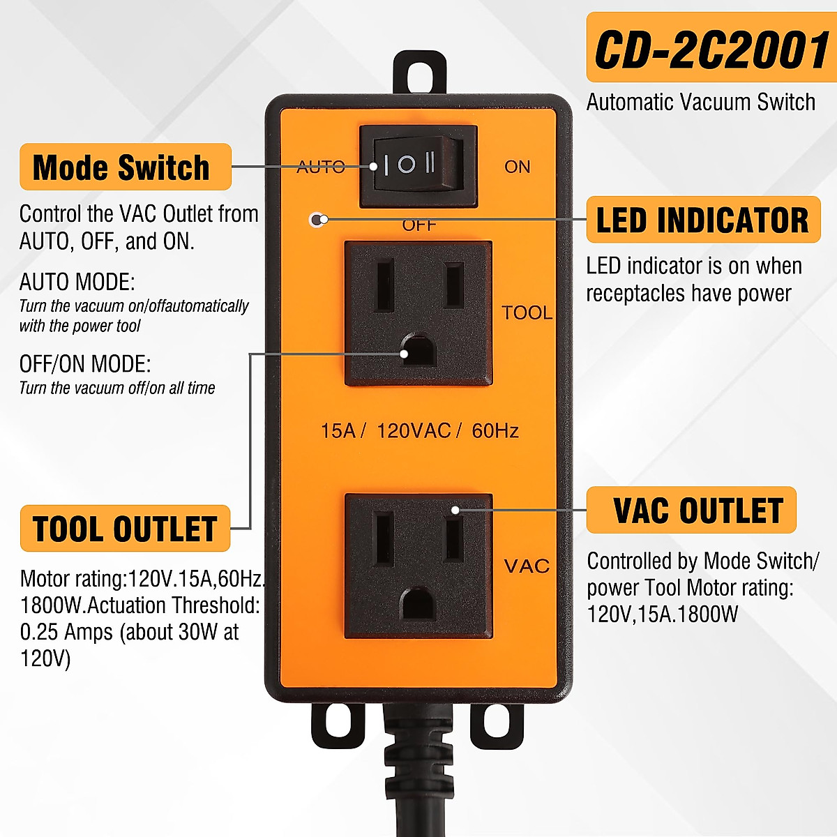 CHAOSEND Automatic Vacuum Switch Allows Power Tool/Table Saw to Turn Vacuum Cleaners/Accessories On and Off, Turn-On Delay Prevents Circuit Overloads Shop Dust Collector Off Delay
