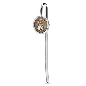Exquisite Personalized Silver Metal Bookmark with Customized Pattern,Durable Creative Stainless Steel Book Marker as Gift for Kids Teens Adult Hippie Pug Puppy Dog in Floral Head Wreath