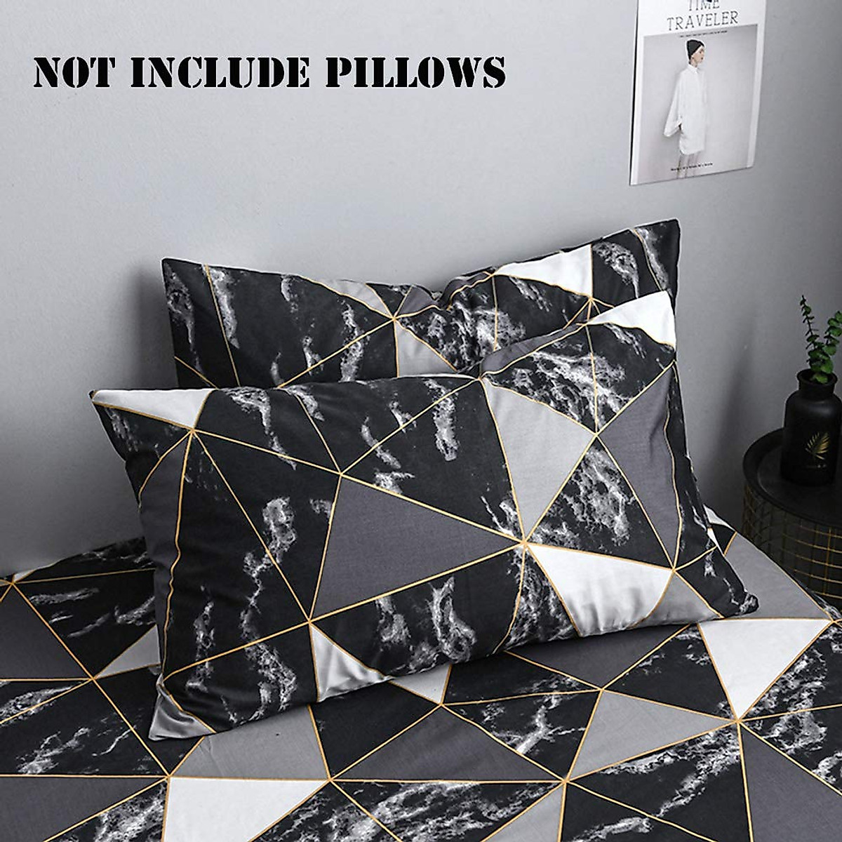 Houseri Queen Comforter Set Black White Grey Geometric Marble Plaid, 3 Pieces All Season Modern Chic Black Gold Line Bedding Sets Queen Size Soft Comfy Women Men Boys Aesthetic Diamond Grid Bed Quilt