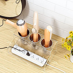 HIIMIEI Hair Tools Organizer Clear Acrylic Hair Dryer Holder Countertop Blow Dryer Stand Storage for Vanity Bathroom with 3 Cups