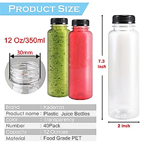 Kaderron 40pcs 12oz Plastic Juice Bottles with Caps, Empty PET Disposable Plastic Bottles, Clear Bulk Drink Containers with Black Tamper Evident Lids for Juicing, Drinking and Other Beverages