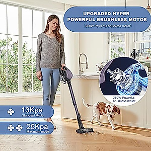 TMA Cordless Vacuum Cleaner, 250W Brushless 25Kpa Stick Vacuum Cleaner with 8-Cell Large Battery & 45Min Runtime, 6 in 1&Multi-Tool for Hardwood Floor Low-Pile Carpet Pet Hair T210