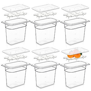 Sunnyray 6 Set 1/9 Size Polycarbonate Food Pans with Lids and Drain Shelf Deep Square Food Storage Containers for Kitchen Restaurant Fruit Vegetable Food Storage (6 inch deep)