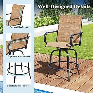 Tangkula Outdoor Swivel Bar Stools Set of 2, Bar Height Tall Patio Chairs with Armrests & High Back, Cozy Footrest & Solid Metal Support, High Top Bar Chairs for Backyard, Balcony, Poolside (1, Brown)