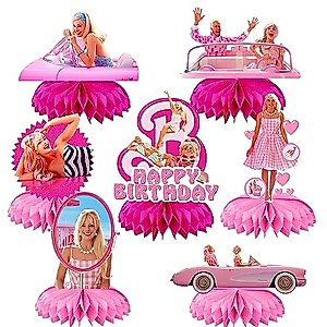 Pink Movie Birthday Party Decorations, 7Pcs Pink Girl Theme Party Centerpieces, Photo Booth Props, Cake Toppers, Party Supplies for Girls and Boys, Baby Show