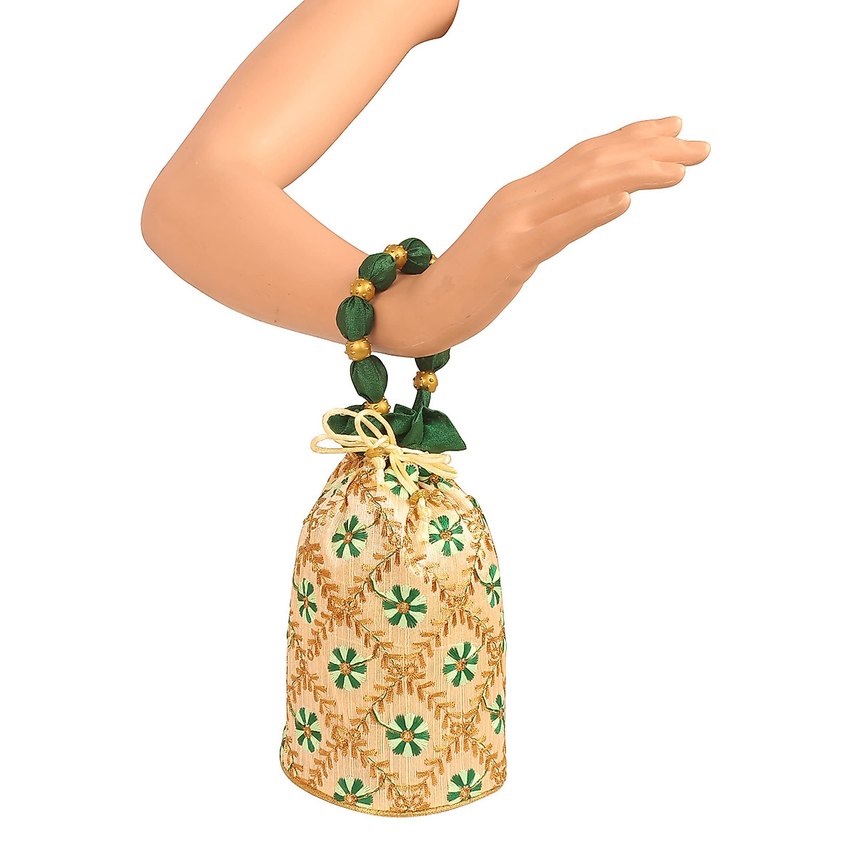 INDTRESOR beaded handcrafted embroidered evening purse drawstring handbag vintage party wedding gift for women. Green Gold