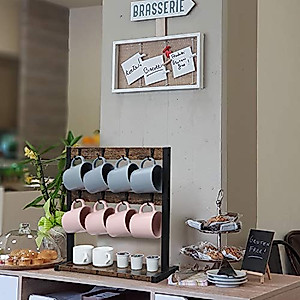 OROPY Vintage Wood Coffee Mug Holder Stand, 2 Tier Countertop Mug Tree Holder Rack for Coffee Mugs Cups, Dark Brown (Double Side,16 Hooks)