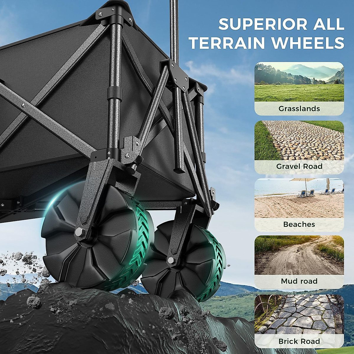 Collapsible Folding Wagon Cart Heavy Duty,Beach Wagon with Big Wheels,Utility Grocery Wagon with Side Pocket