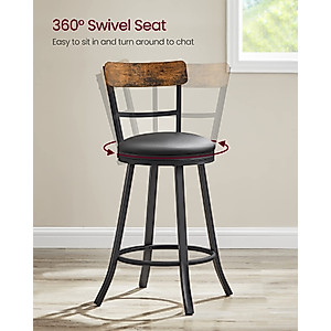 VASAGLE Bar Stool, Swivel Bar Stool, Bar Chair with Back, Metal Steel Frame, 25.8-Inch Cushioned Seat, Footrest, Easy Assembly, Industrial Style for Kitchen Island, Black and Rustic Brown