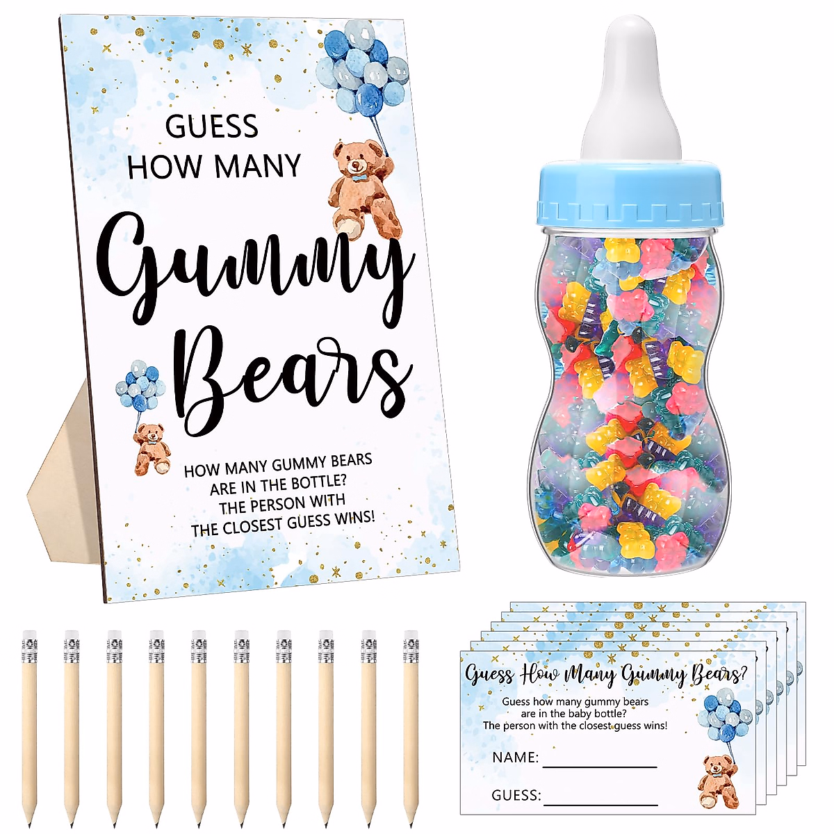 Qilery 122 Pcs Baby Shower Games Guess How Many Bears 100 Guessing Cards 20 Pencils 1 Baby Bottle 1 Wood Standing Sign for Baby Shower Games Gender Reveal Party Decoration (Blue)