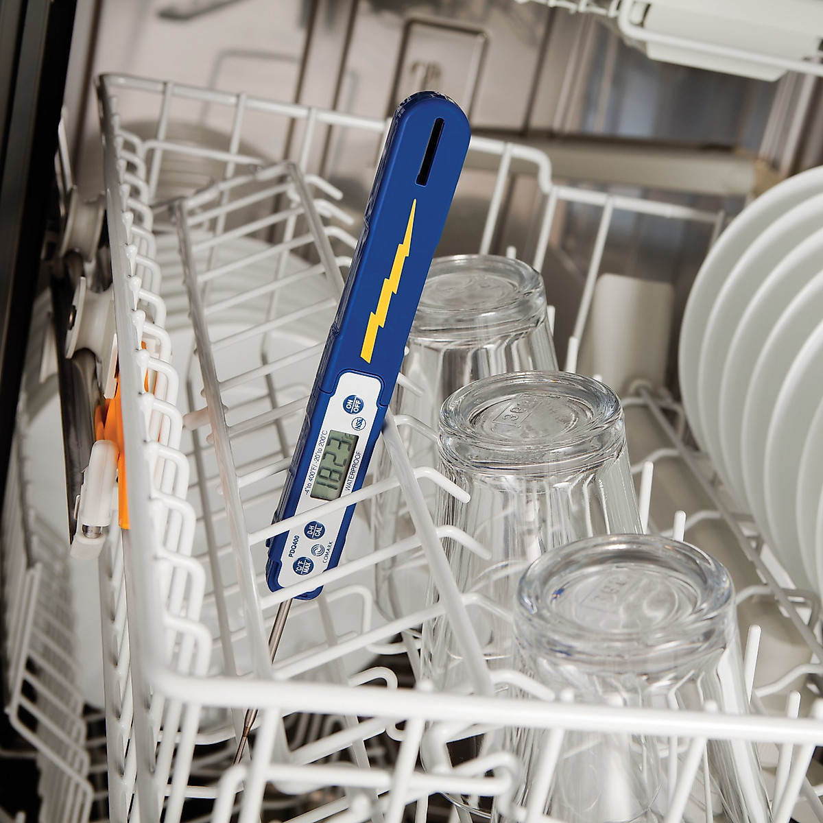 Comark PDQ400 Waterproof Pen Style Digital Food Thermometer with Max Hold to Prove The Rinse Temperature of Commercial Dishwashers, Blue