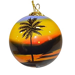 Blown Glass Christmas Ornament | Sunset Palm Trees and Seagulls | Hand Painted Inside | Original Art | Includes Gift Box