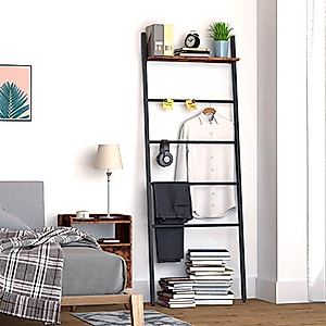 HOOBRO Towel Rack, 5-Tier Blanket Ladder, Wall Leaning Ladder Shelf, Blanket Rack with Shelf, 25.2" Wide Decorative Ladder for Bathroom, Rustic Brown BF73CJ01G1