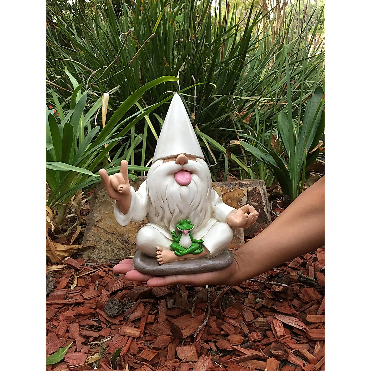 GlitZGlam Rocker Gnome George with Zen Frog - This Garden Gnome Combines Peace, Tranquility and Rock N Roll for Your Fairy Garden