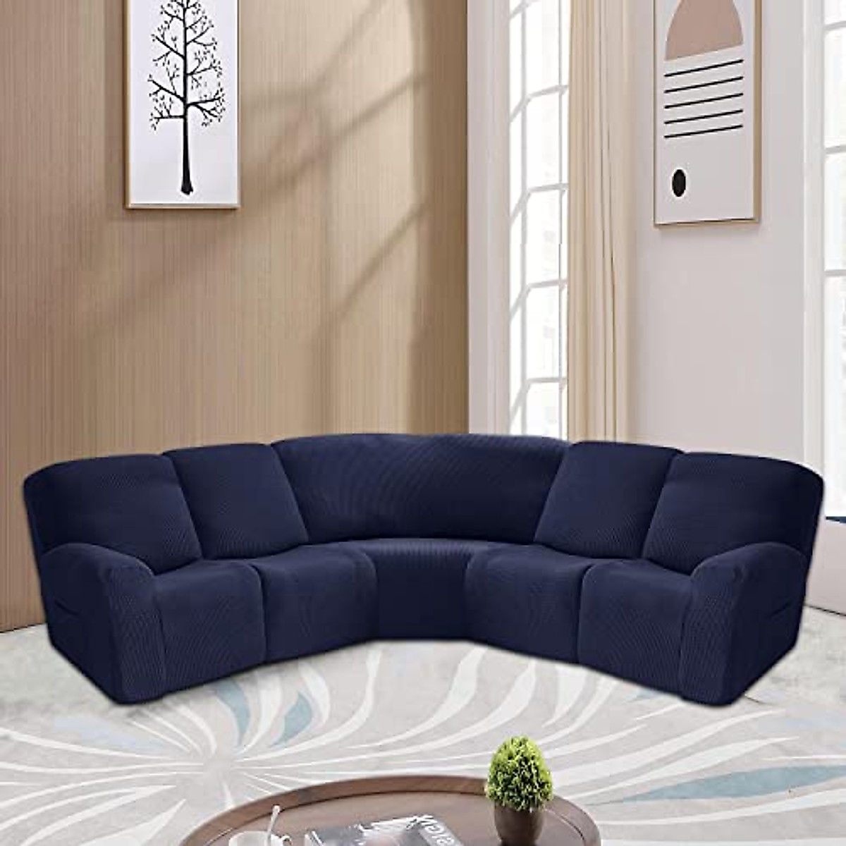 5-Seat Sectional Recliner Sofa Covers,4 Seater & 1 Corner Seat 5 Seater Stretch Recliner Couch Cover Slipcover for Reclining L Shape Recliner Corner Sofa,Soft,Washable Couch Covers,Navy Blue,Jacquard