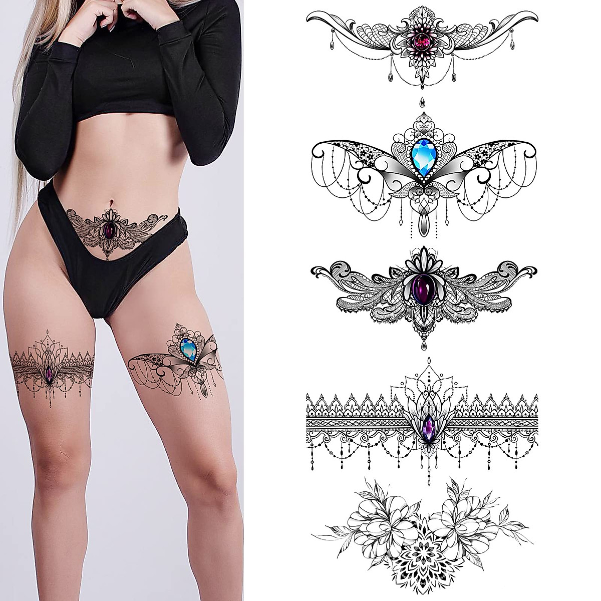 Roarhowl Lace Tattoos, Large Sexy Temporary Tattoo Set, Temporary Tattoos For Women, Belly Back Waist Thigh Body Art Fake Tattoos (Set 1)